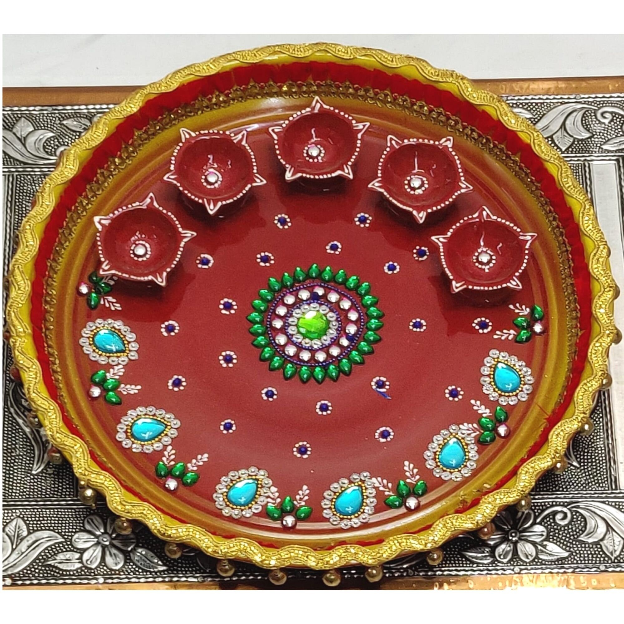 Decorative Pooja Thali With Five Diya Kumkum Thali Traditional - Etsy