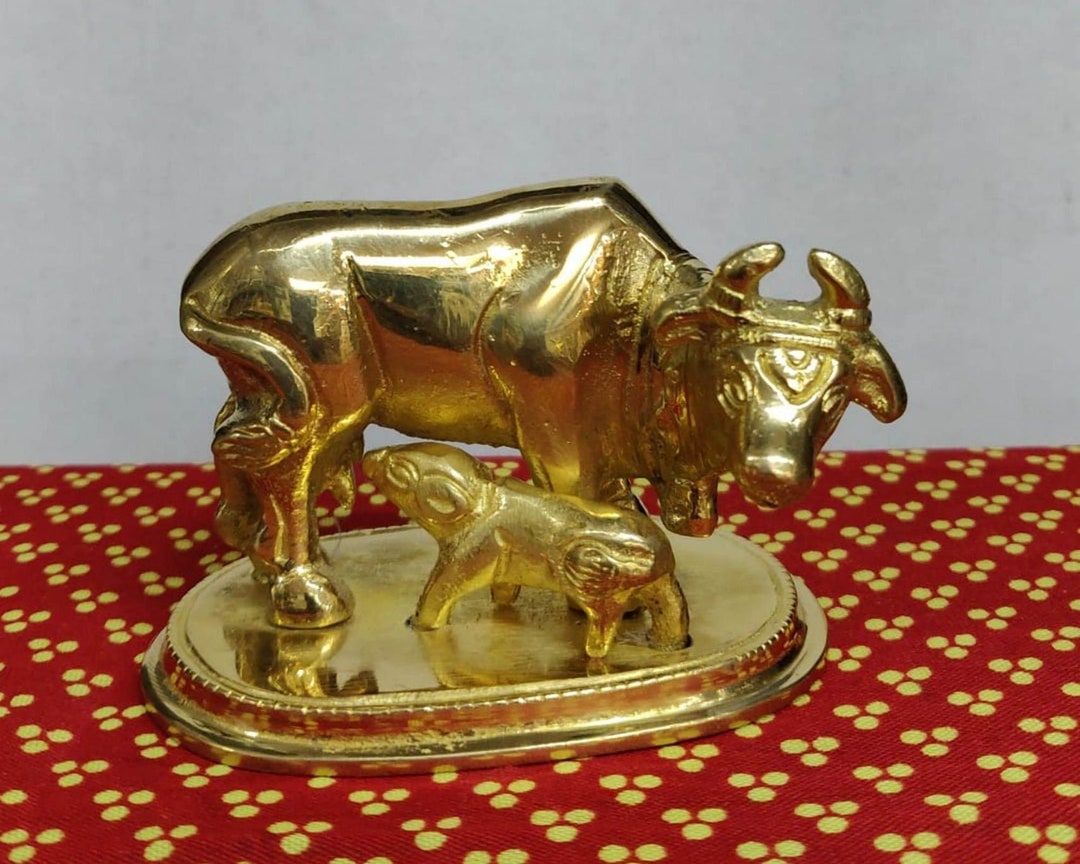 Indian Kamdhenu Golden Finished Brass Cow With Calf Statue Handicraft ...