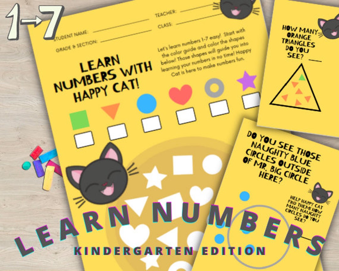 Worksheet for Kids, Learn Numbers 1-7, Kindergarten Edition, Happy Cat ...