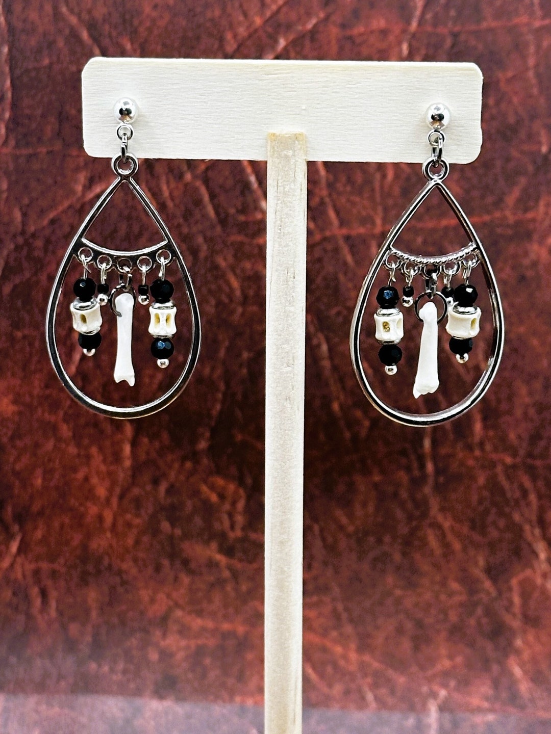Muskrat Toe and Fish Bone Teardrop Earrings With Black Crystal Beading ...