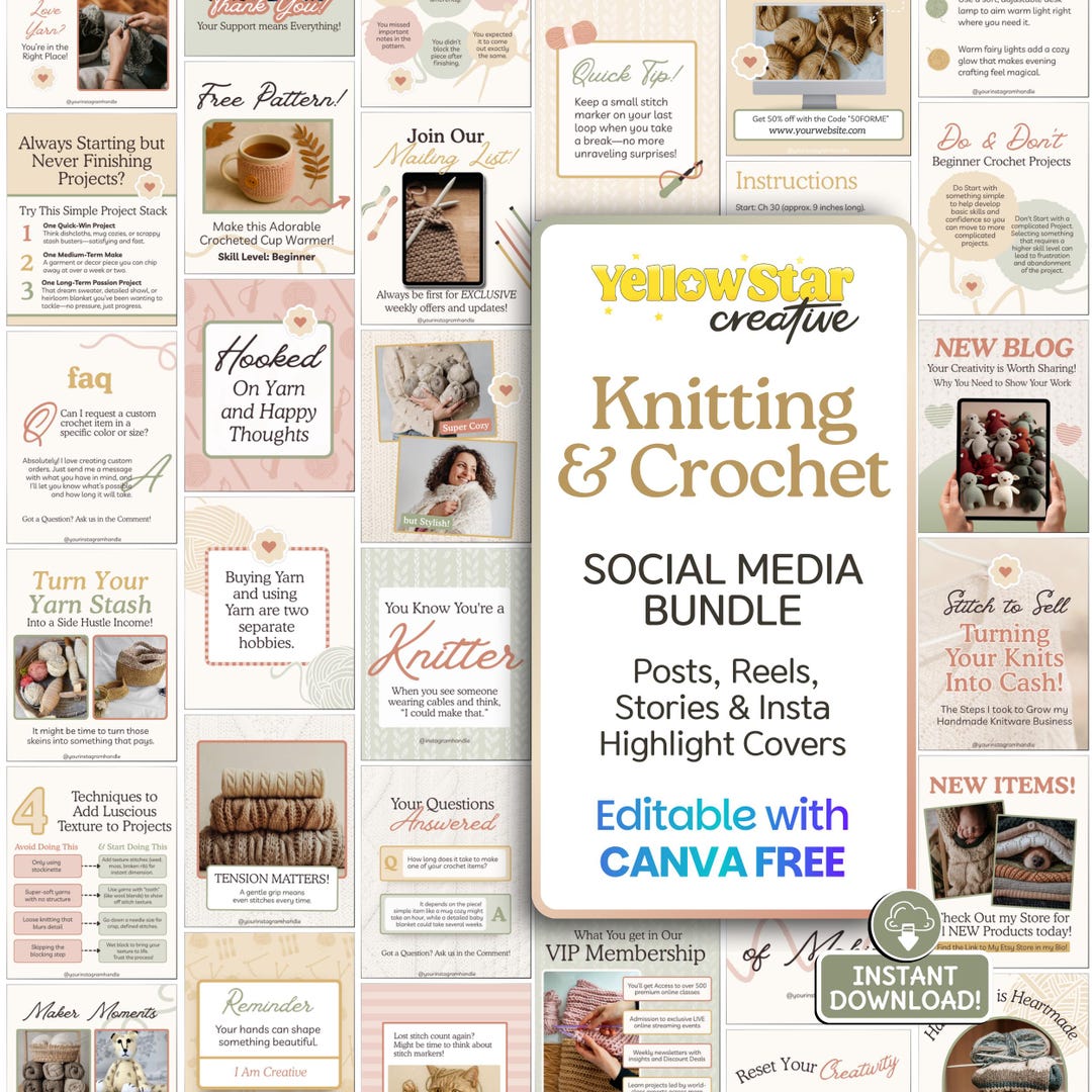 Knitting & Crochet Instagram Templates Bundle. 50+ Canva Designs for ...