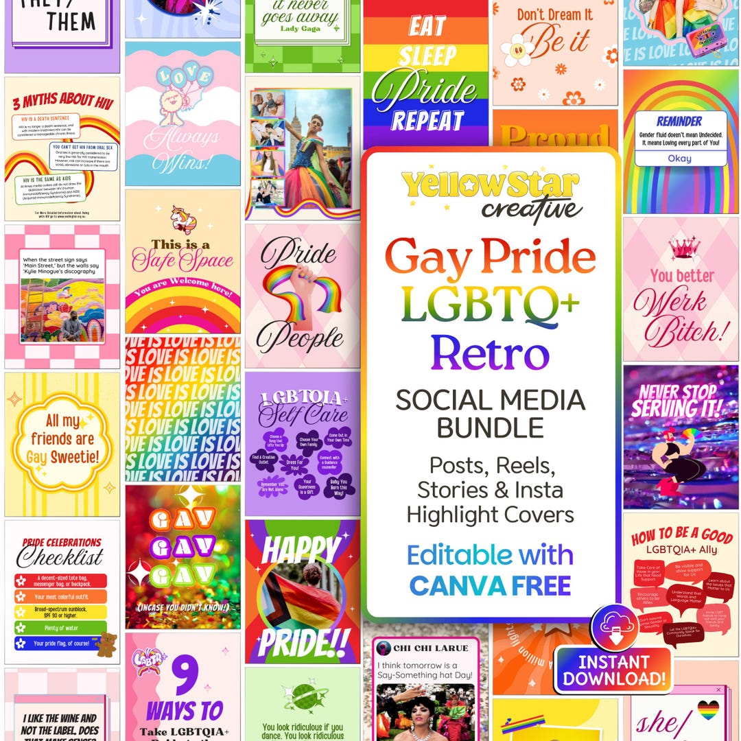 Gay Pride Celebration LGBTQ+ Retro Rainbow Canva Templates Bundle ...