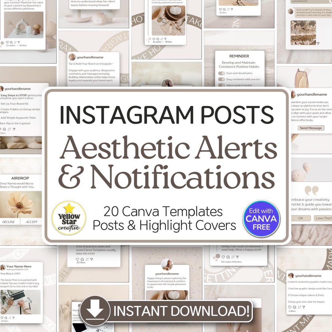 Beige Aesthetic Notification Alerts Instagram Post Templates, 20 Boho ...