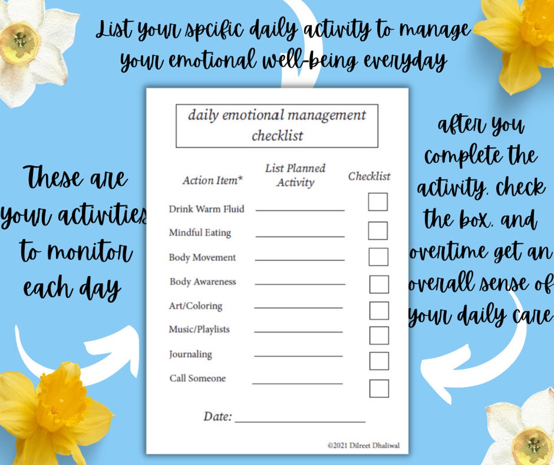 Daily Emotional Management Checklist Daily Activities Log for | Etsy
