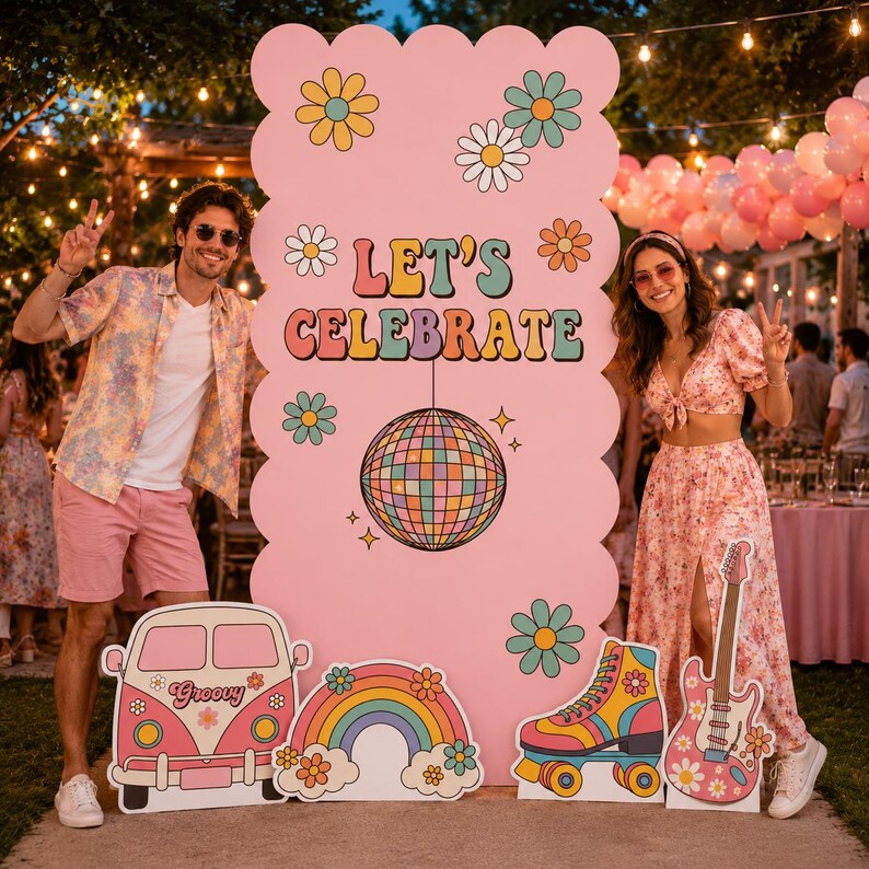 Groovy Backdrop Set, Retro Birthday Party Backdrop & VW Bus Roller ...