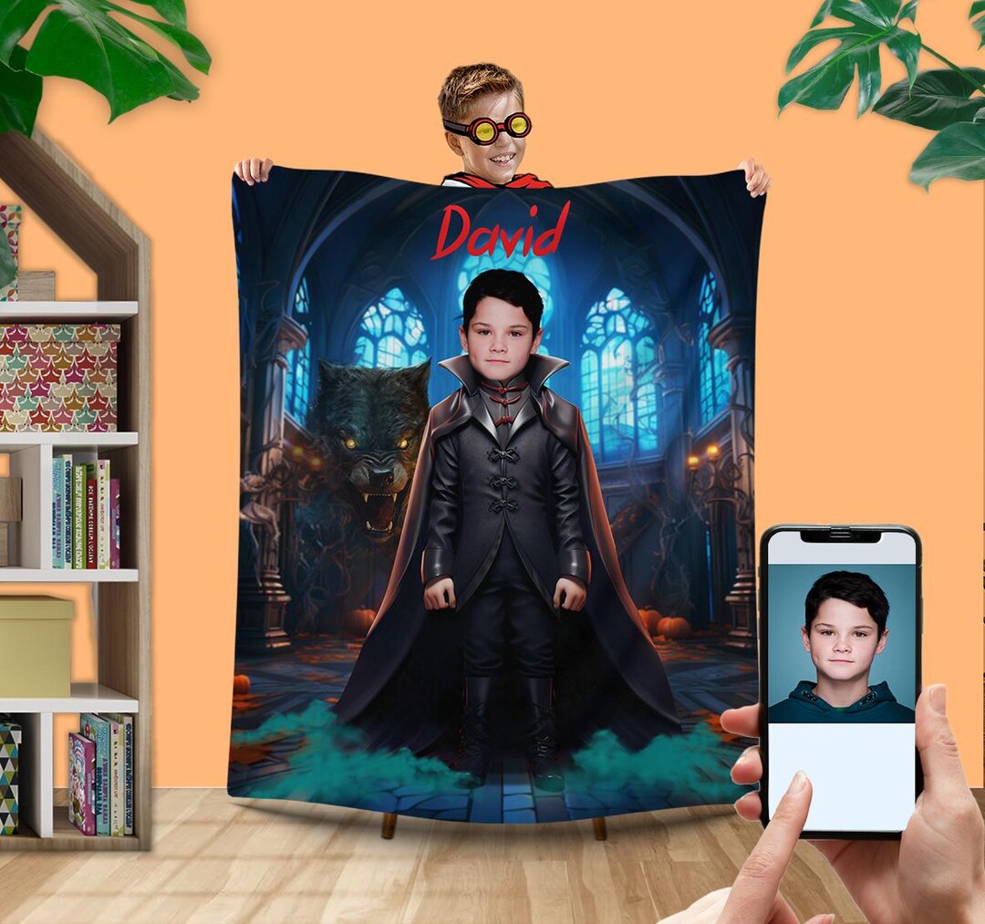 Boy Halloween Gift Personalized Photo Blanket, Custom Vampire Face ...