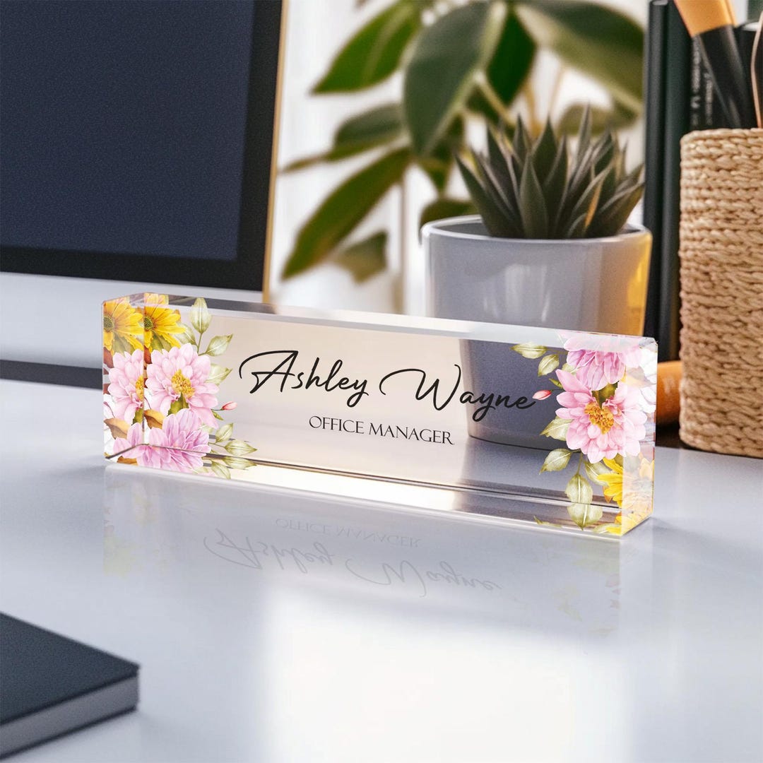 Desk Name Plate Custom, Floral Design Personalized Sign, Acrylic ...
