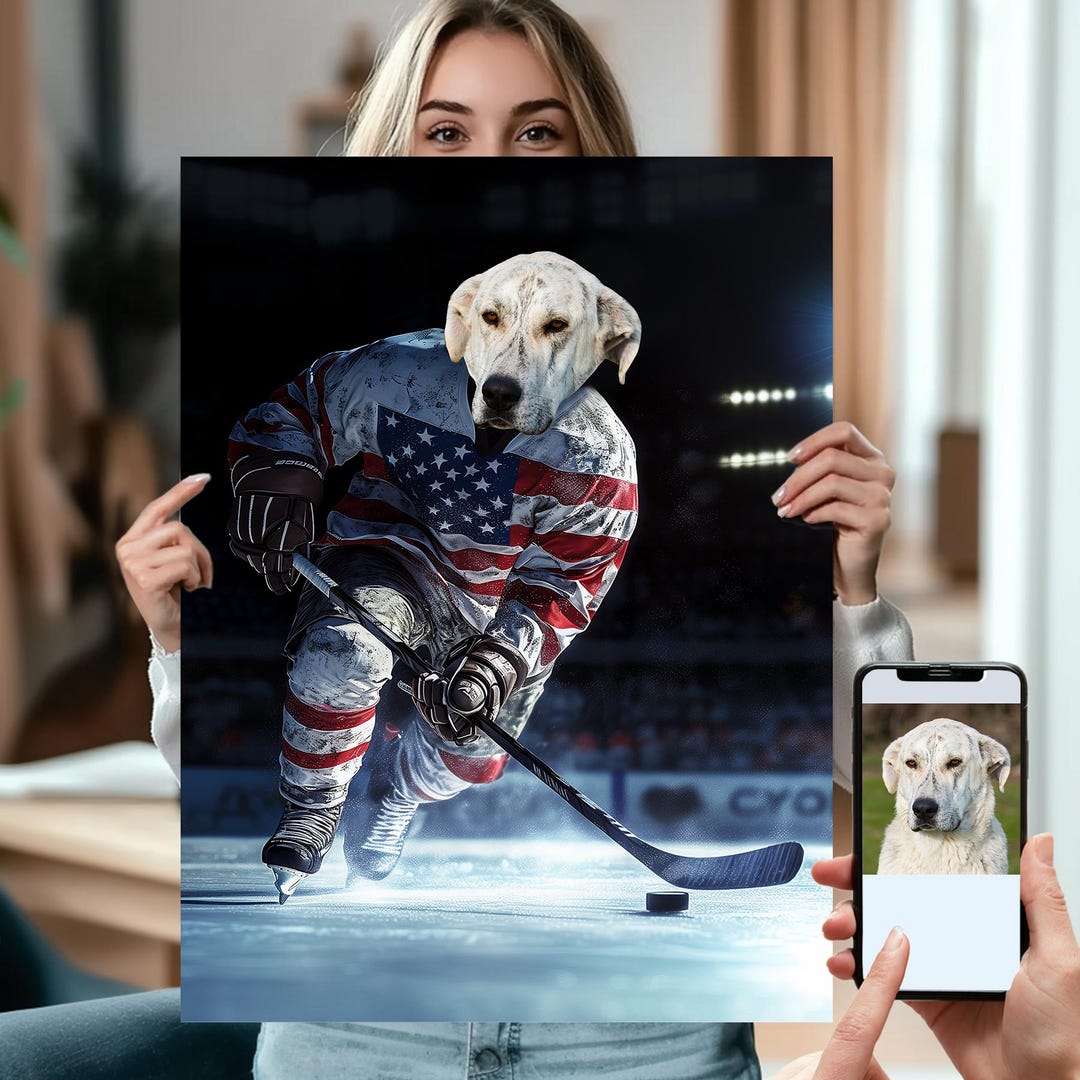 Funny Pet Portrait Sports Poster From Photo, Dog Hockey Player Custom ...