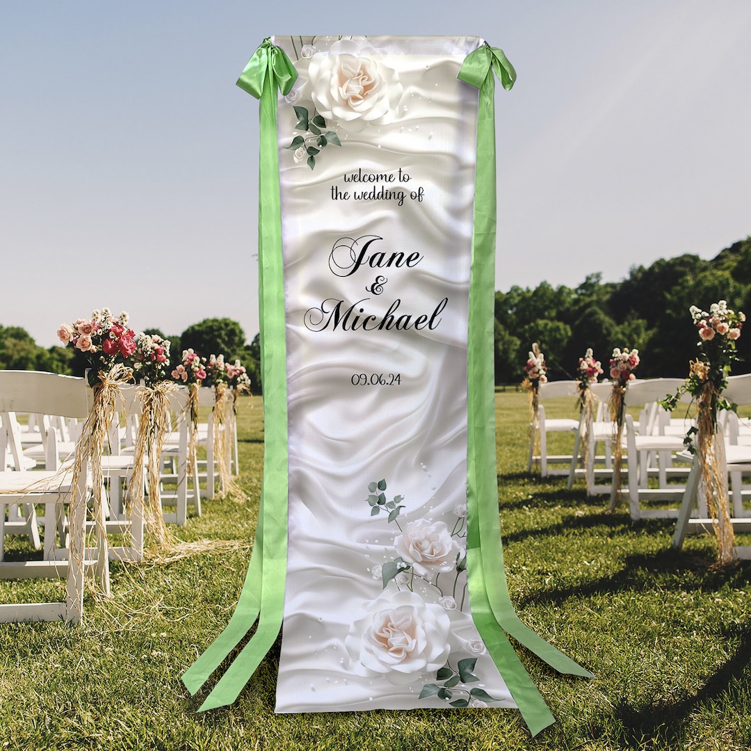 Custom Wedding Sign, Long Fabric Wedding Banner With Ribbons Bows ...
