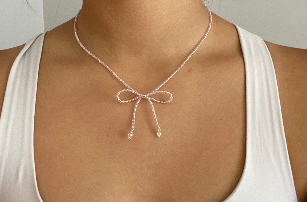 Light Pink Beaded Bow Necklace, Seed Bead Necklace, Bow Choker ...