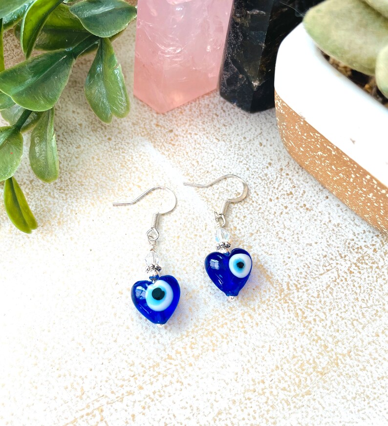 Evil Eye Heart Shaped Glass Earrings/handmade/cobalt Blue/gift for Her ...