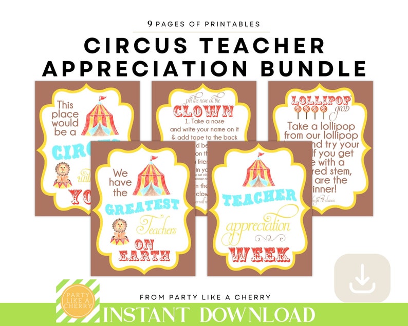 Circus Theme Teacher Appreciation Week Printable Bundle | Includes 9 ...
