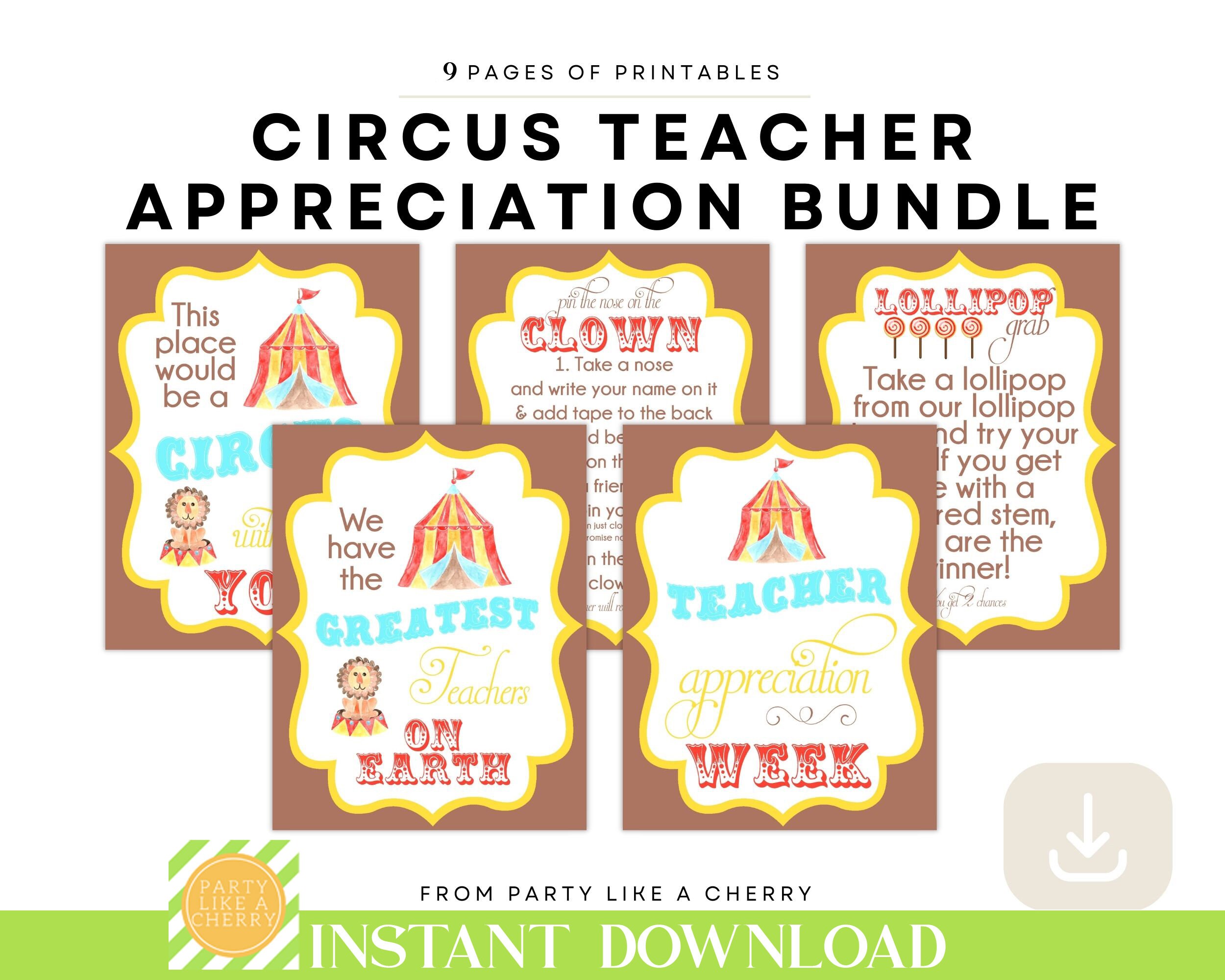 Circus Theme Teacher Appreciation Week Printable Bundle | Includes 9 ...