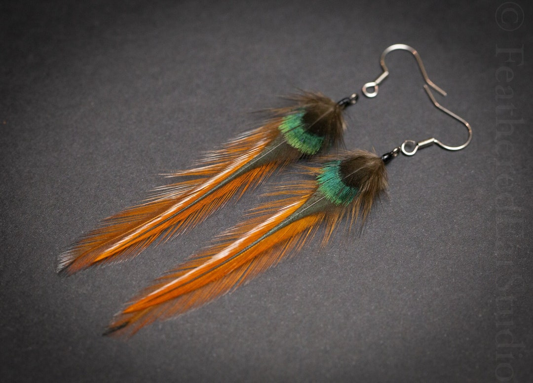 Native American Feather Earrings 10cm/3,8inch Long Green Real Feather ...