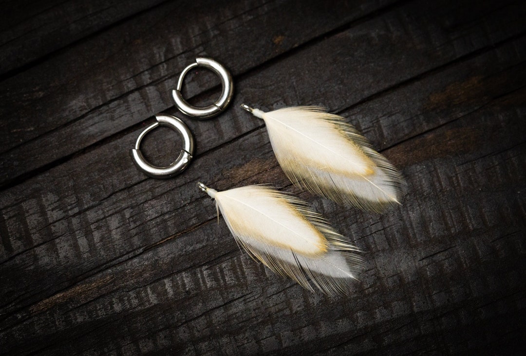Beige Feather Earrings Men Small Feather Earrings Hoops Feather ...