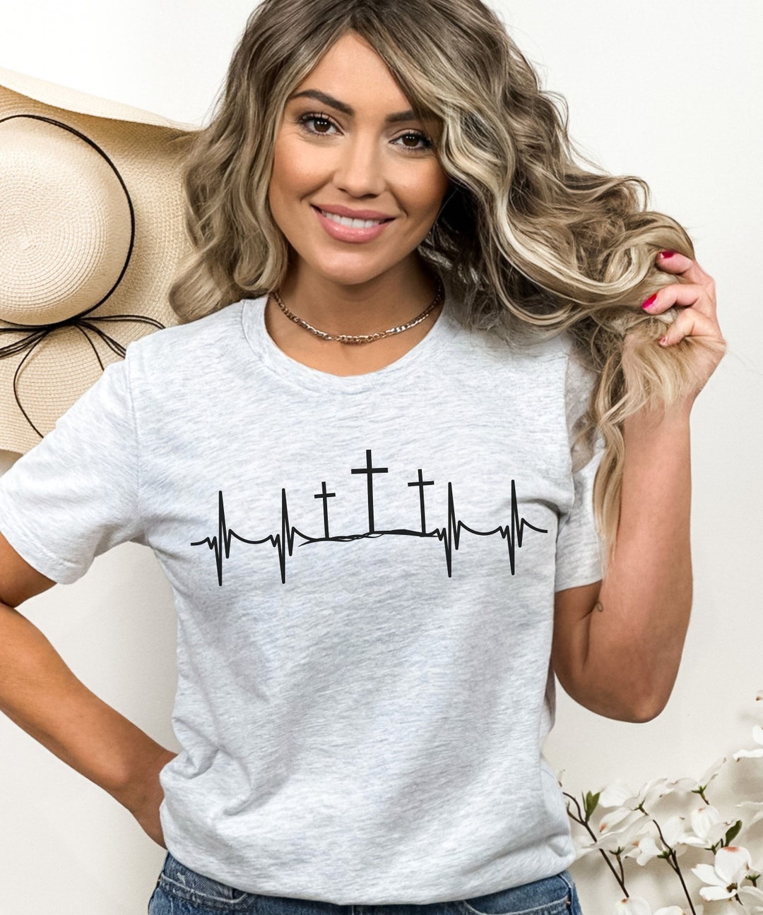 Jesus Cross Short Sleeve Tee Shirt, Christian Heartbeat Gift Shirt for ...