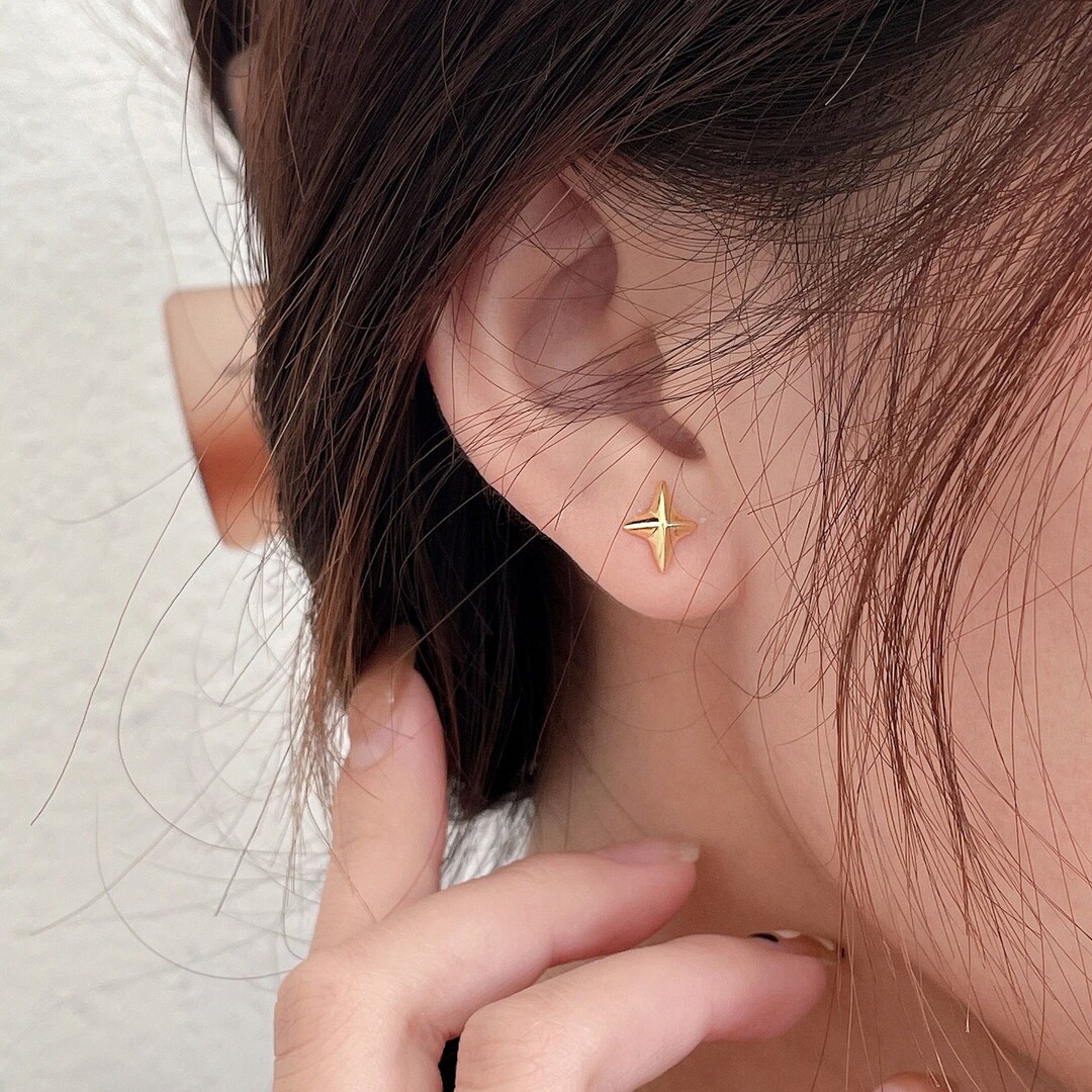 18K Gold Vermeil Four Point Star Stud Earrings, Silver Star Studs, Tiny ...