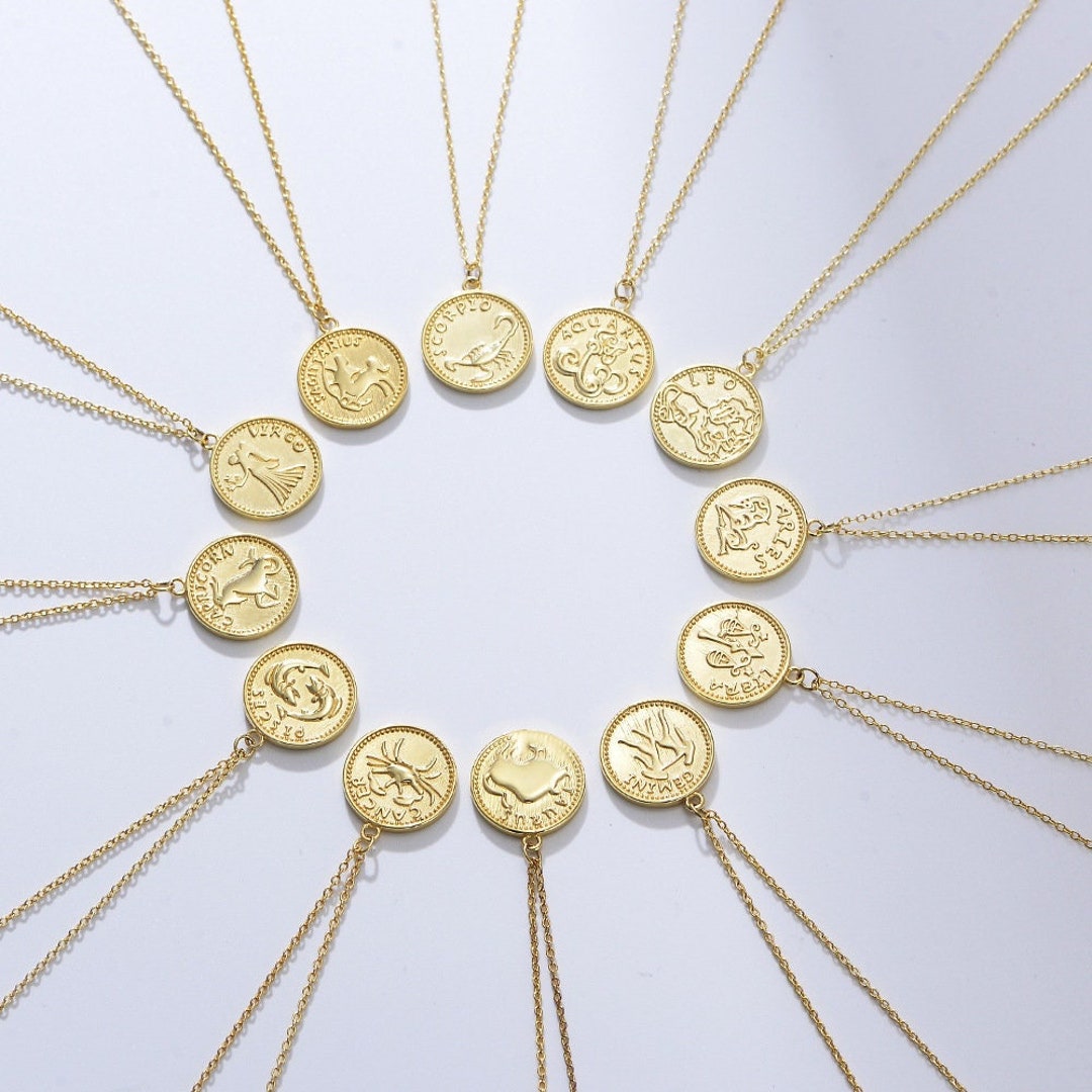18K Gold Vermeil Zodiac Coin Necklace, Zodiac Pendant Necklace, Zodiac ...
