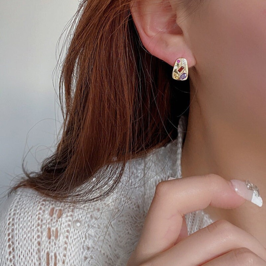 Multicolor Gemstone Stud Earrings, 18K Gold Vermeil Colorful CZ Studs ...