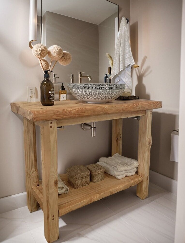 Custom Rustic Wooden Bathroom Vanity Sink Farmhouse Live Edge Table ...