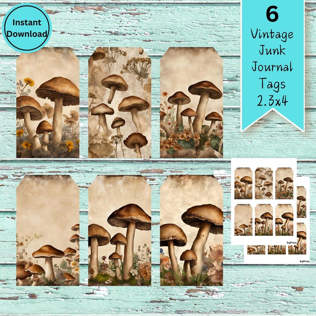 Mushroom Printable Tags, Vintage Mushroom Tags, Antique Gift Tags, Junk ...