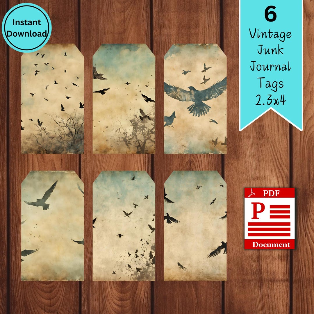 Vintage Bird Tags, Printable Grunge Tags, Black Birds Ephemera, Bird ...
