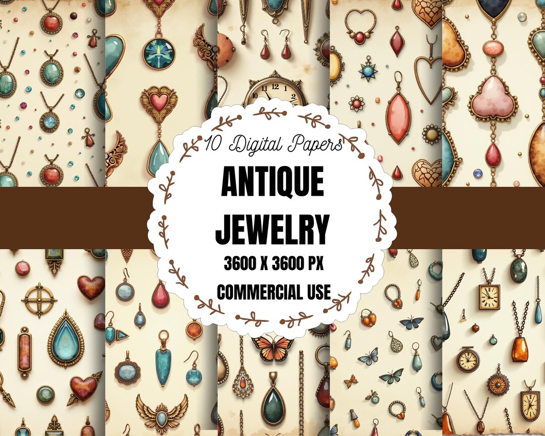 Antique Jewelry Digital Paper, Vintage Jewelry Scrapbook Paper, Antique ...