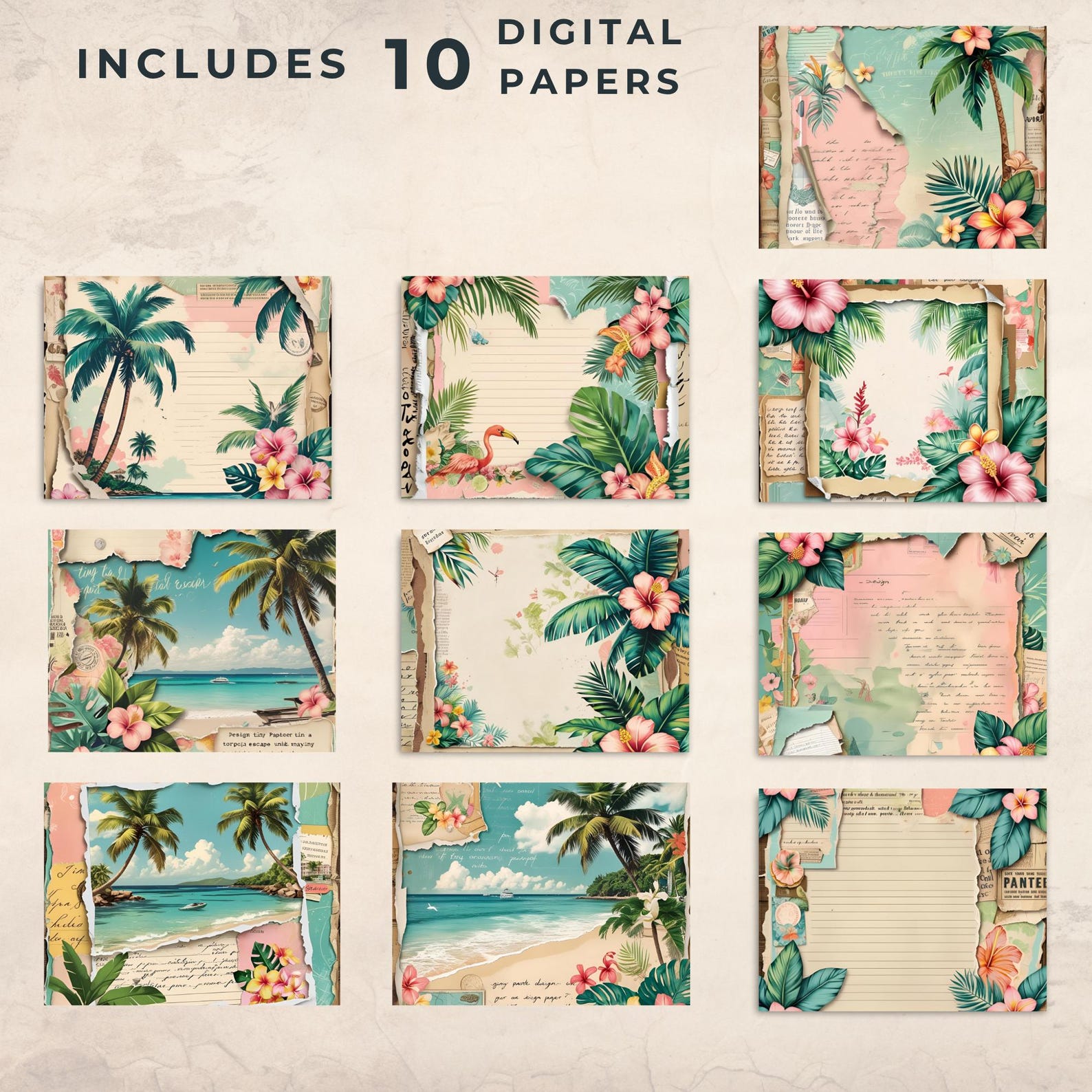 Tropical Beach Digital Paper, Vintage Beach Backgrounds, Retro Tropical ...