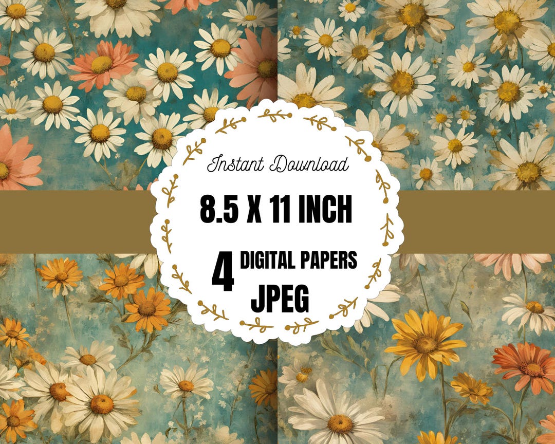 Daisy Flower Digital Papers, Vintage Planner Paper, Instant Download ...