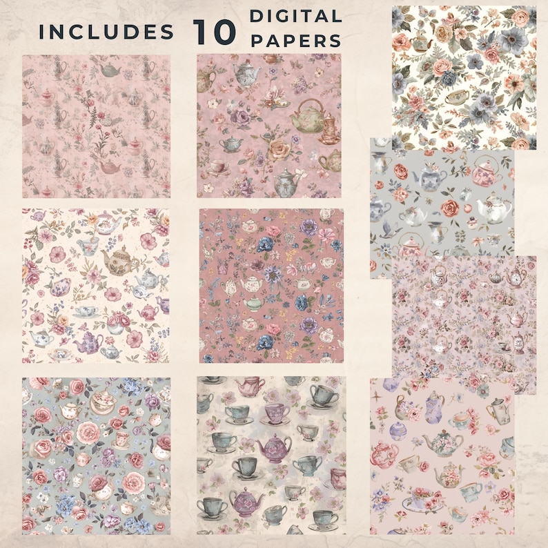 Tea Time Digital Paper, Tea Party Scrapbook Paper, Vintage Tea Cup ...