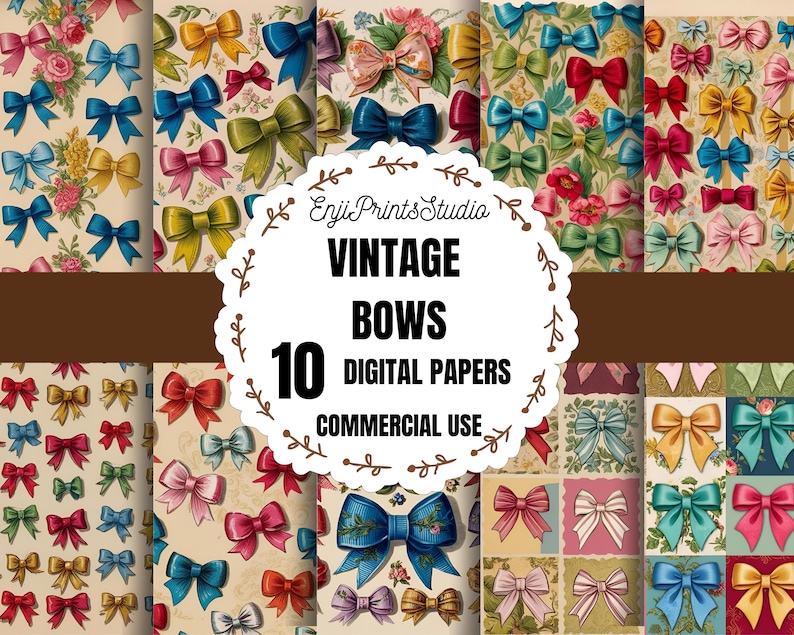 Vintage Bow Pattern Digital Paper Pack, Cute Bows Printable Paper, Pink ...