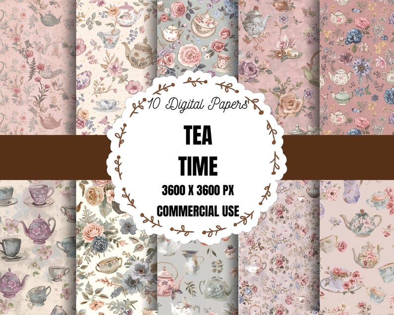 Tea Time Digital Paper, Tea Party Scrapbook Paper, Vintage Tea Cup ...