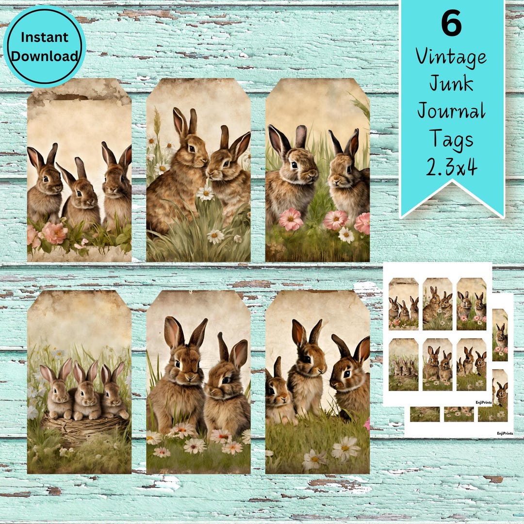 Printable Bunny Tags for Scrapbooking, Digital Rabbit Tag, Vintage ...