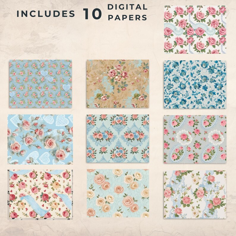 Printable Rose Lace Sheets, Soft Pastel Digital Paper, Lace and Rose ...