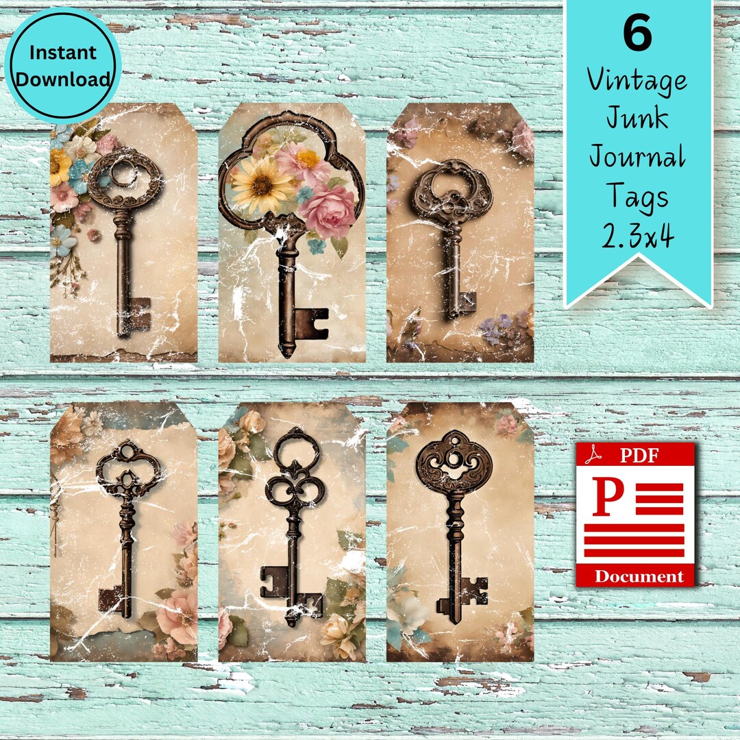 Keys Vintage Journal Tags, Antique Keys Printable Tags, Junk Journal ...