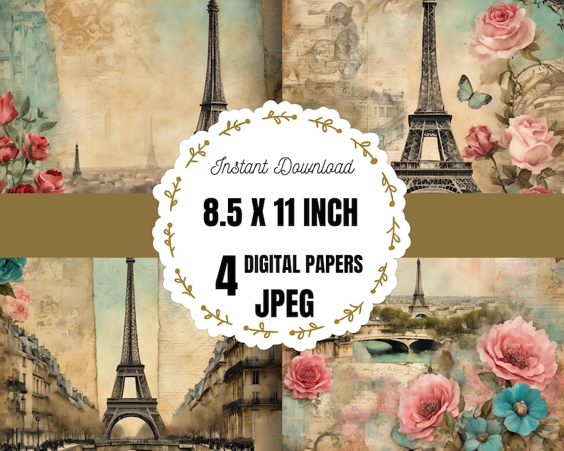 Printable Paris Digital Paper, Eiffel Tower Digital Paper, French ...