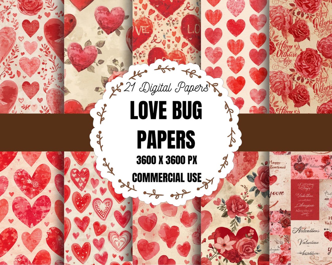 Love Bug Digital Paper, Cute Love Bug Paper Pack, Valentine Love Bug ...