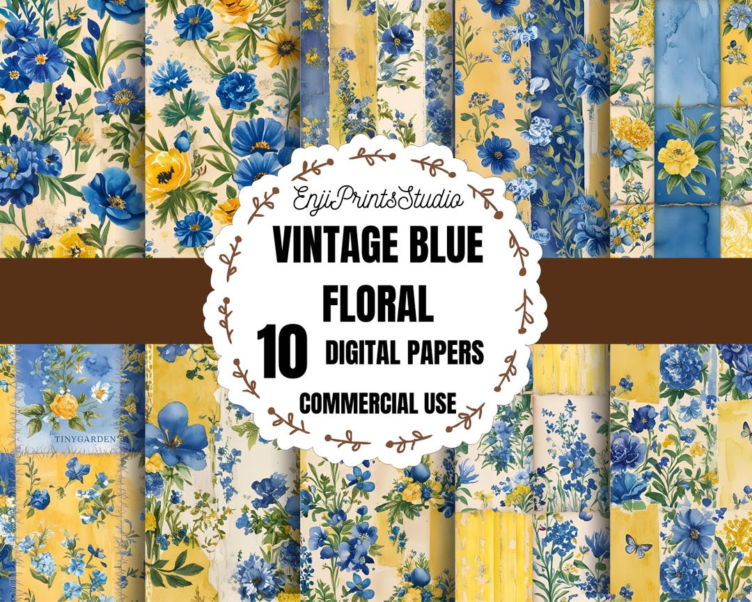 Blue Floral Paper, Blue Flowers Background Pack, Blue Paper for ...