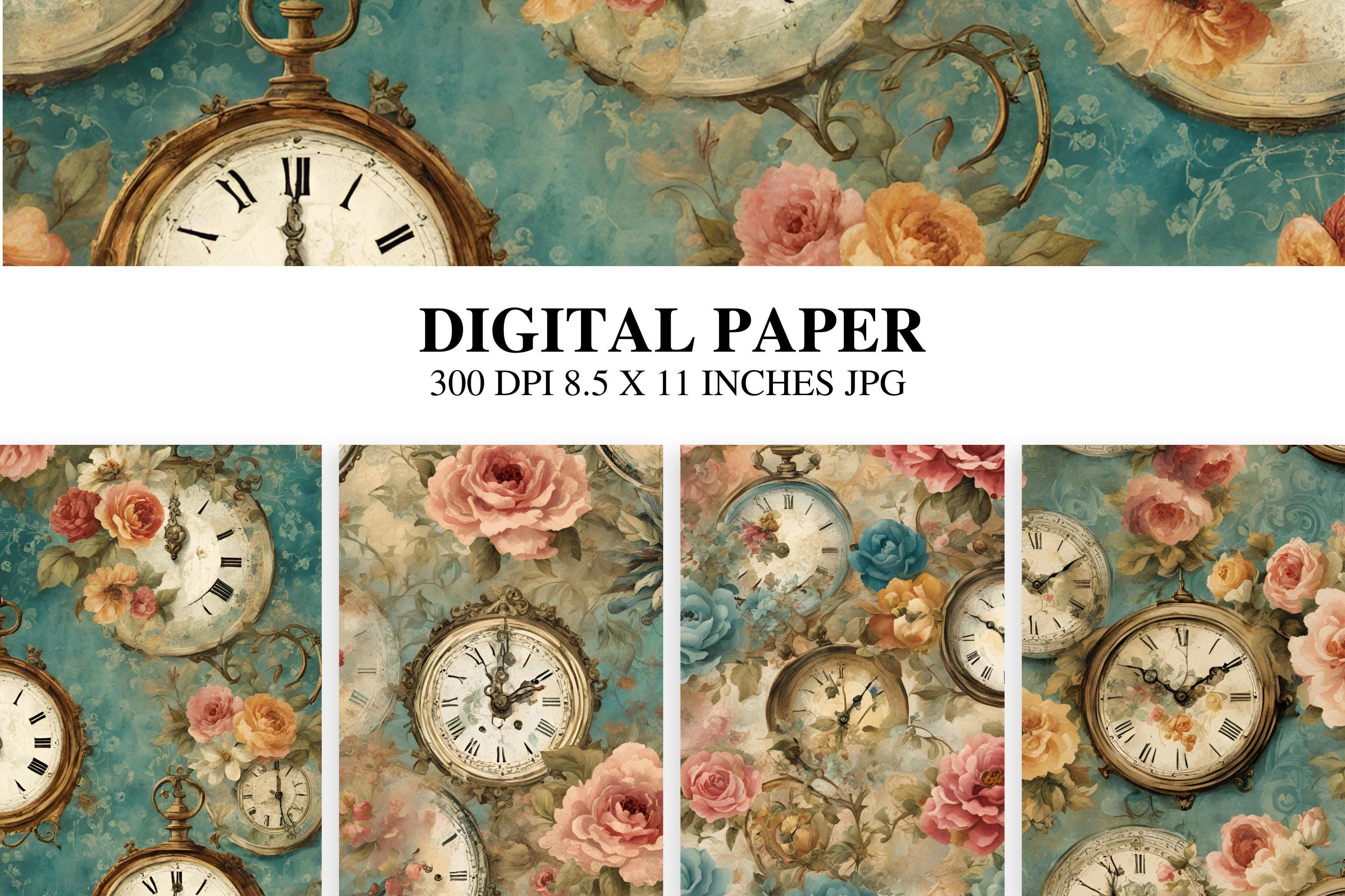 Clock Vintage Paper, Printable Junk Journal Supplies, Old Clocks, Junk ...