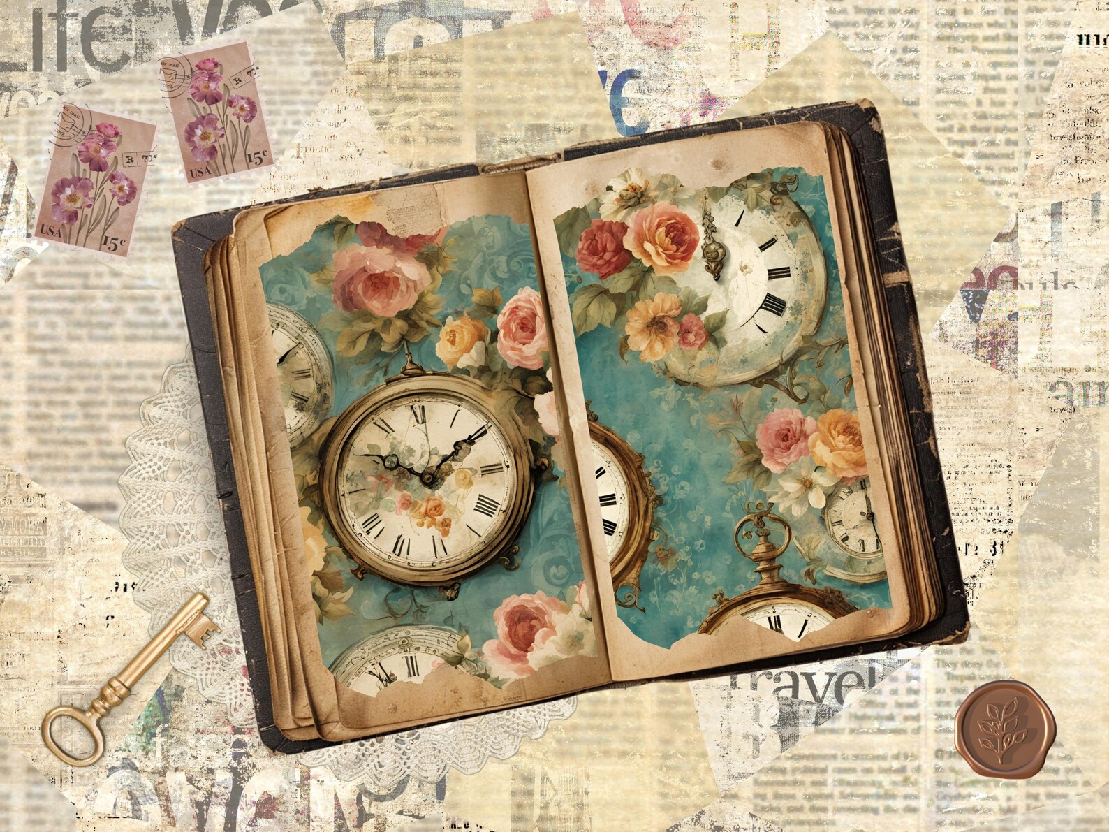 Clock Vintage Paper, Printable Junk Journal Supplies, Old Clocks, Junk ...