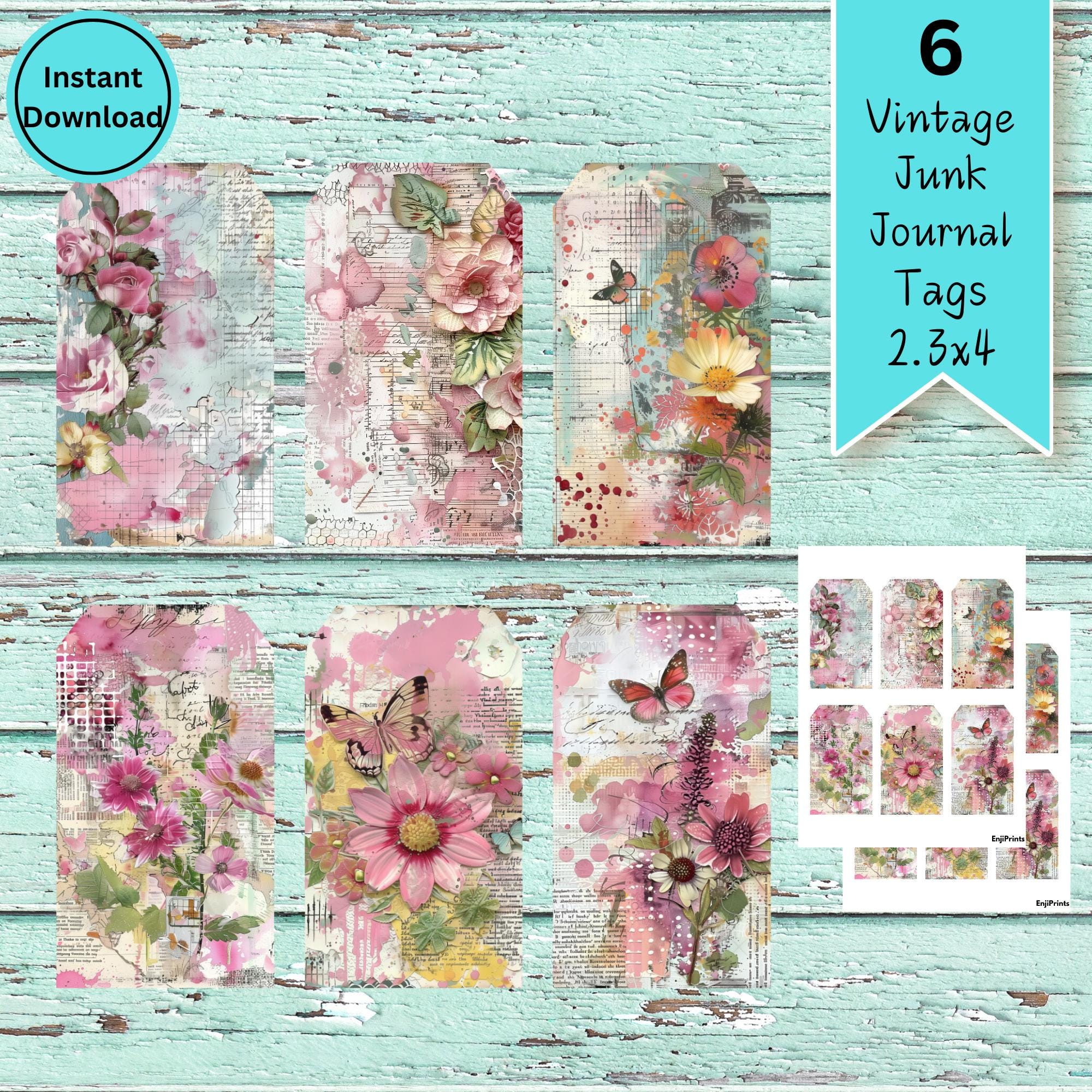 Flower Tag Set, Script Floral Tags, Vintage Floral Tags, Junk Journal ...
