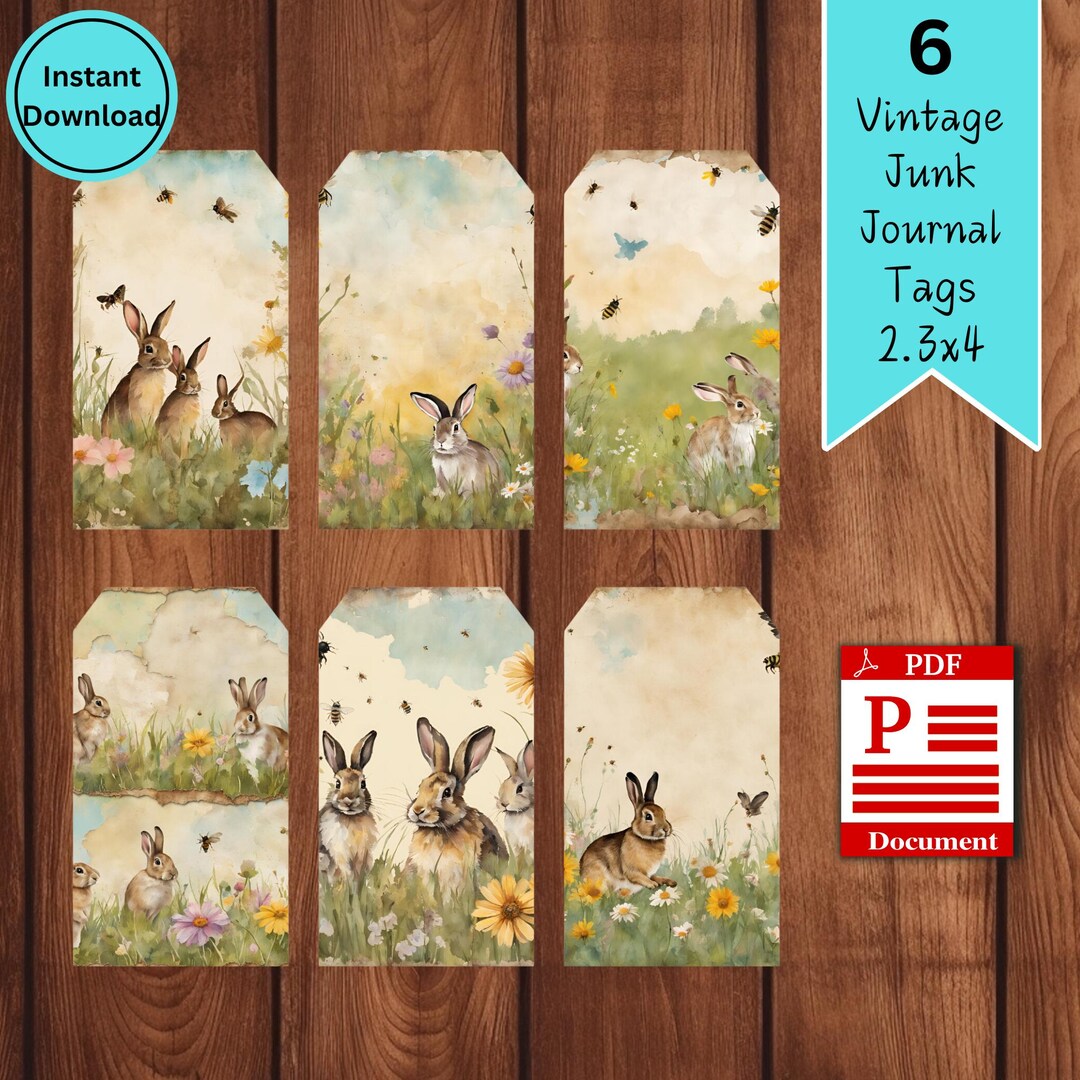 Digital Bunny Tags, Bunny Gift Tags, Vintage Animal Tags, Rustic Bunny ...