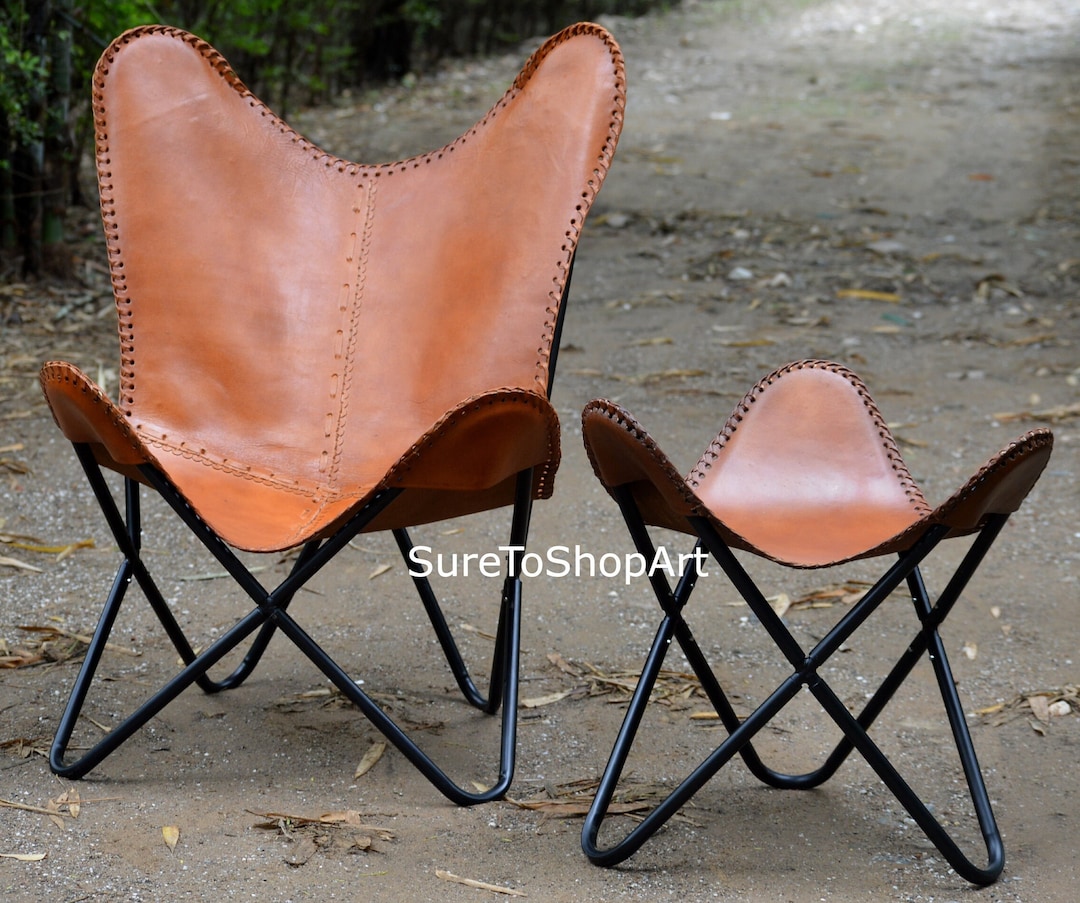 Folding Leather Butterfly Chair With Foot Stool: Retro Iron Frame Set ...