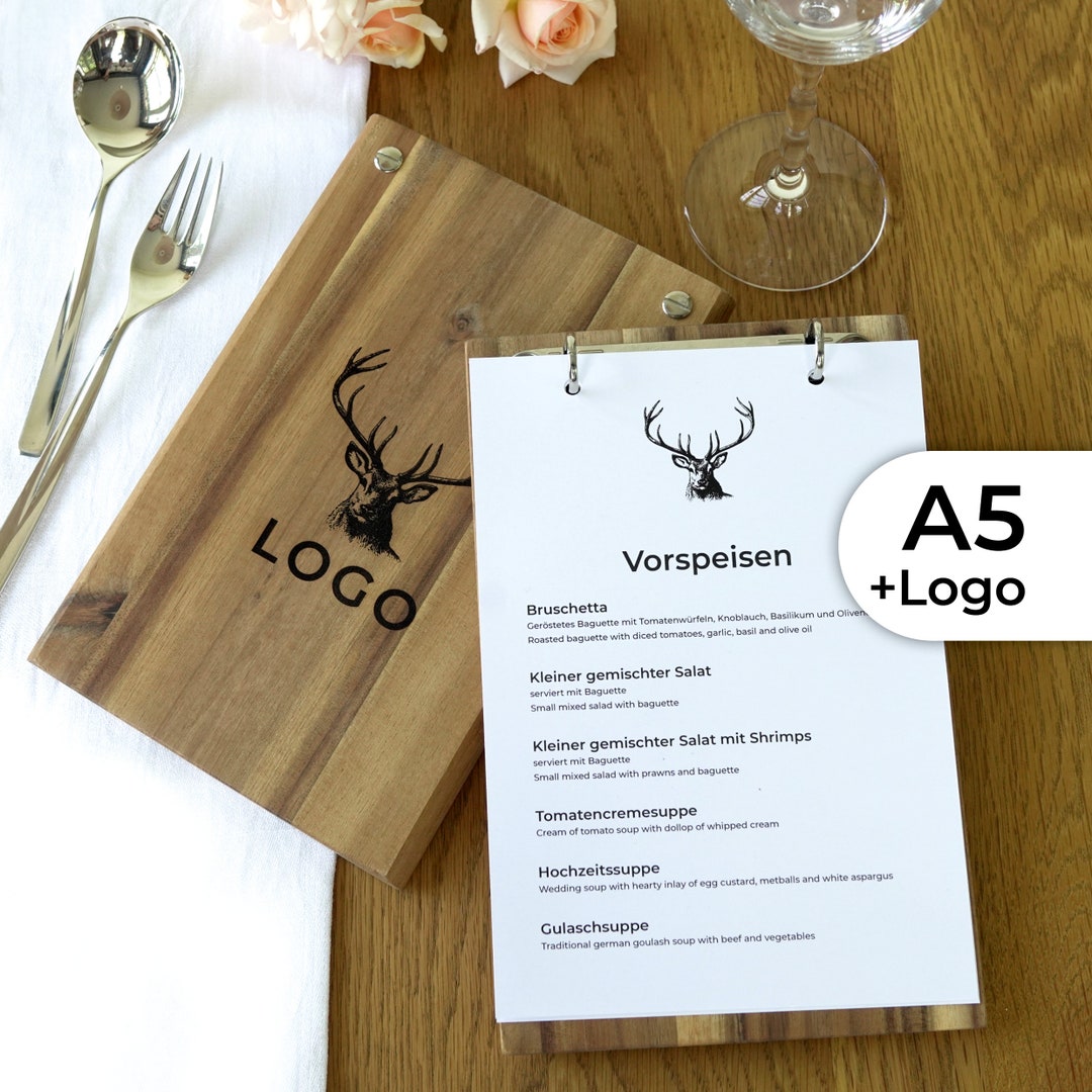 A5 Menu Card With Solid Wood Logo - Etsy