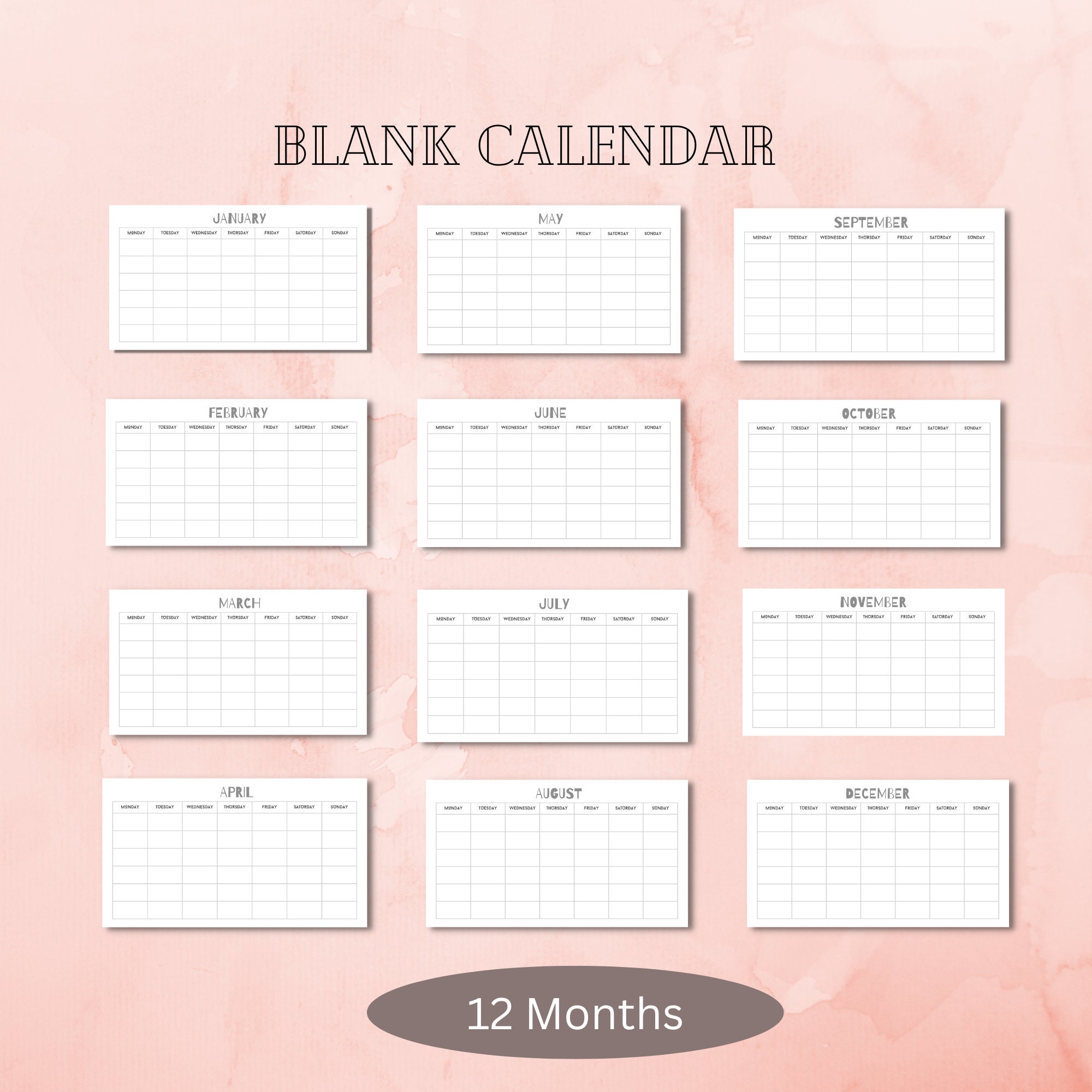 Blank Calendar Digital File Download Printable With Minimilistic Design ...