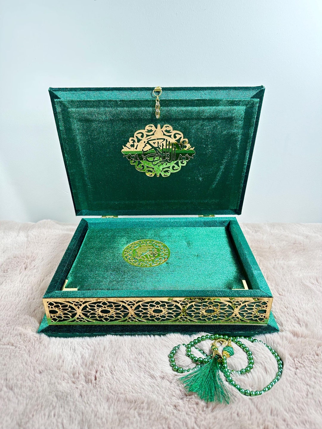 Handmade Green Luxurious Quran Box With Matching 99 Bead Tasbih ...