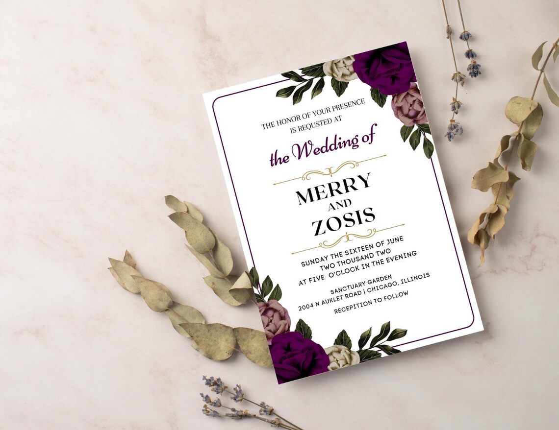 Burgundy Wedding Invitation Template Burgundy Floral Wedding Invitation ...