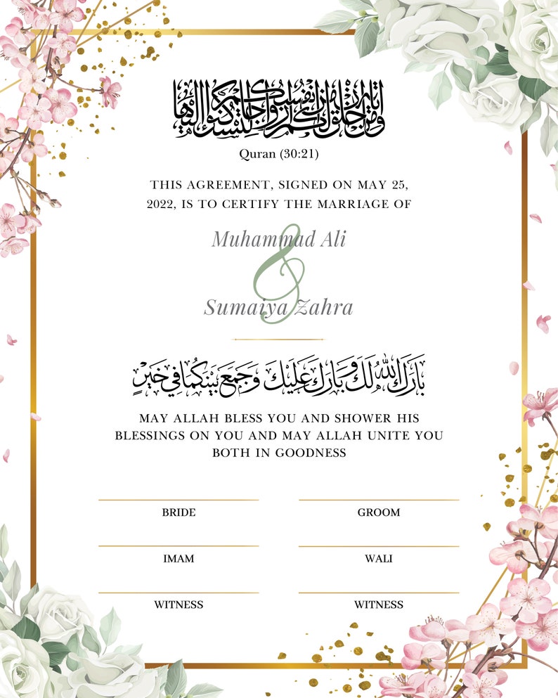 Nikkah Contract Digital Muslim Wedding Certificate of Marriage Template ...