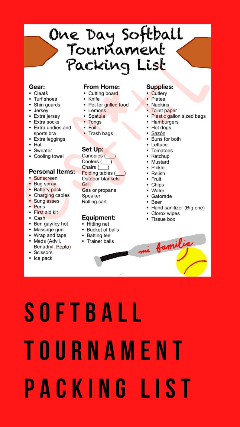Softball Tournament Packing List PDF | One Day Checklist | Digital ...