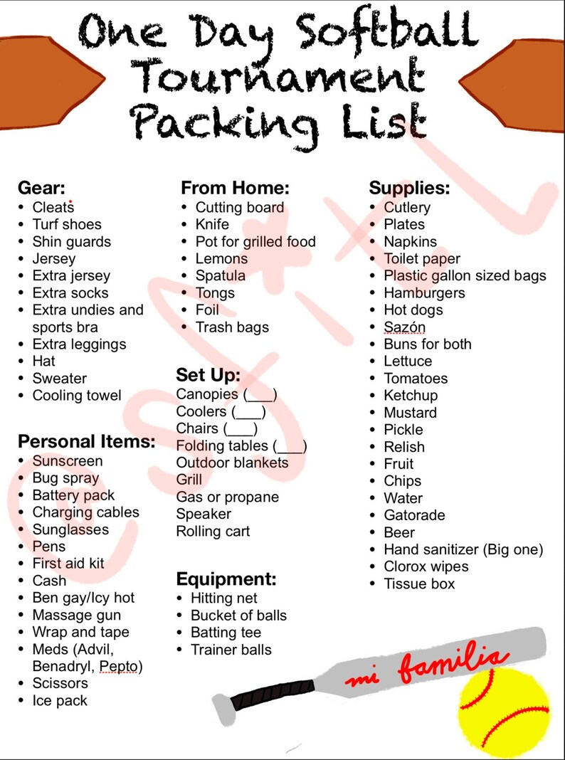 Softball Tournament Packing List PDF | One Day Checklist | Digital ...